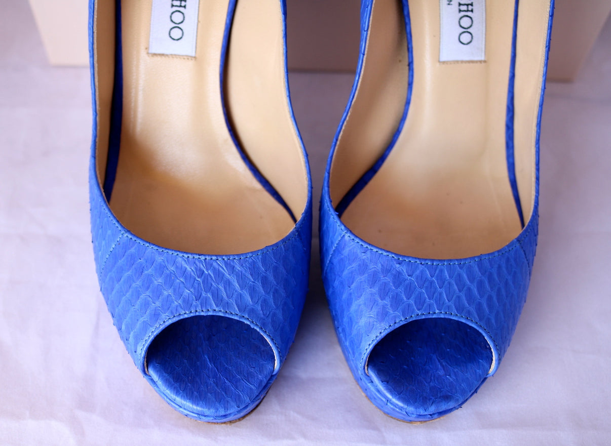 $995 JIMMY CHOO WATER SNAKE SNAKESKIN ELECTRIC BLUE OPEN TOE PUMP PUMP ...